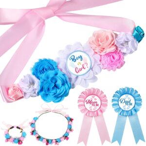 riceshoot boy or girl maternity flower sash and corsage set gender reveal decorations mom to be dad to be pin with headband wristband for baby shower gender reveal party pregnancy props keepsake gifts