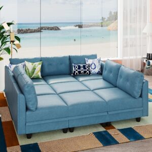 LLappuil Modular Sectional Sofa Faux Leather Sleeper Sectional Couch with Storage Convertible 9 Seats Modular Sofa Bed for Living Room, Navy Blue