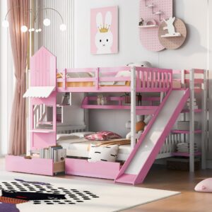 loisall castle style bunk bed with 2 drawers,wooden bed frame with ladder,full-length guardrails,3 shelves and slide for bedroom (pink, full-over-full)