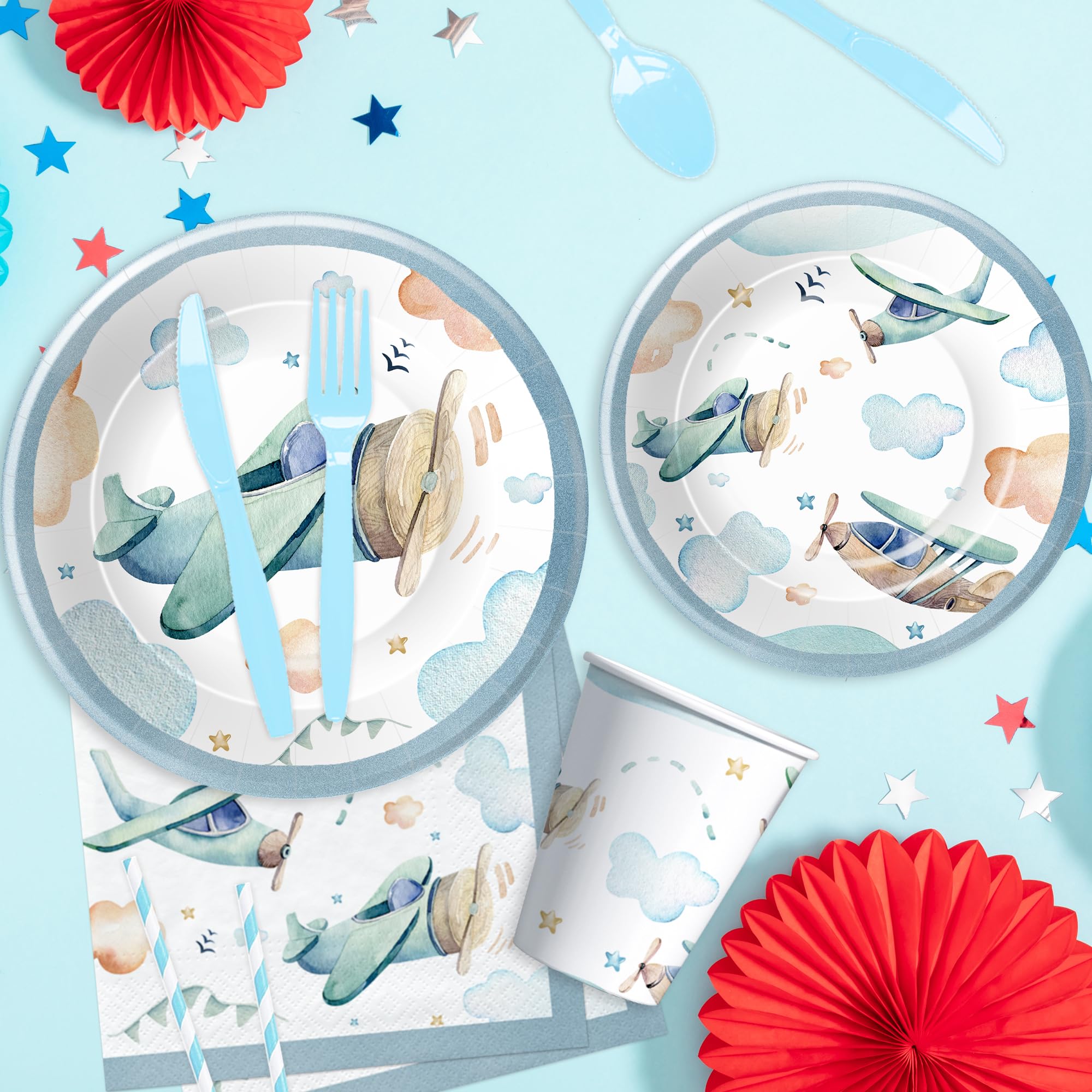 HIPVVILD Airplane Birthday Plates And Napkins Party Supplies - Airplane Party Decorations Tableware, Paper Plate, Cup, Napkin, Fork, Airplanes Birthday Baby Shower Decorations Dinnerware | Serve 24