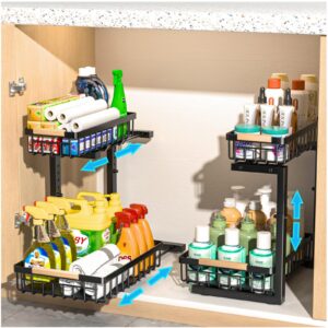 arstpeoe 2 pack l-shaped under sink organizer,2 tier slide out sink shelf cabinet storage shelves, under sink storage for kitchen bathroom cabinet, pull out cabinet organizer,black