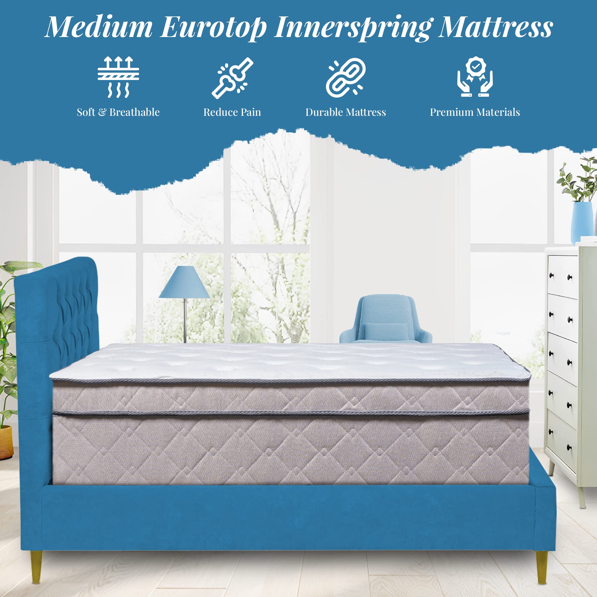 Nutan 13" Extra Plush Bed Mattress, Comfortable Supportive Eurotop Foam Encased Mattresses for Better Body Posture and Positioning, Relieves Pain and Aches, Full XL