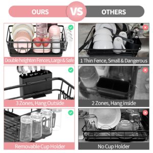 Urackify Dish Drying Rack for Kitchen Counter, Kitchen Dish Rack Black, Large Sink Dish Drainer Dryer Rack Small Space, Kitchen Dishes Strainer Drying Rack with Drain Board Cup Holder Cutlery Holder