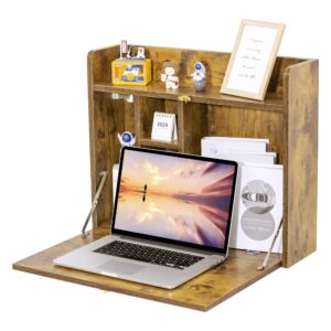 zvyteay wall-mounted desk folding wall desk floating table wall mounted laptop desk space saving wall mounted table with storage shelves for home office (rustic brown)