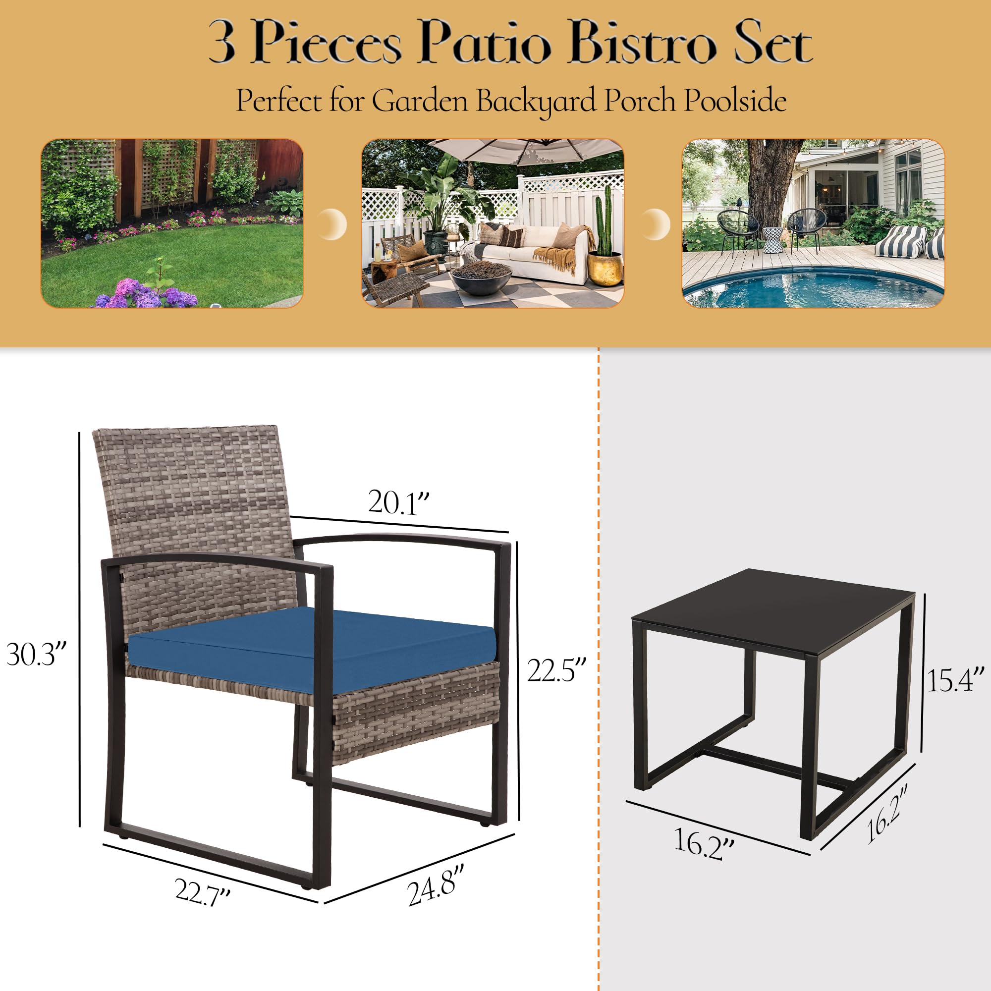 Seogwisam 3 Pieces Patio Furniture Set, Outdoor Wicker Conversation Bistro Set w/ 2 Chairs, 2 Cushions, Glass Coffee Table for Garden Balcony Backyard Porch Lawn - Grey Wicker & Blue Cushions