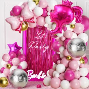 146pcs pink balloon garland hot pink rose red light pink matte white balloons silver disco ball bow crown princess star balloon arch kit for princess party decoration birthday baby shower