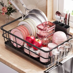 urackify dish drying rack for kitchen counter, kitchen dish rack black, large sink dish drainer dryer rack small space, kitchen dishes strainer drying rack with drain board cup holder cutlery holder