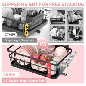 Urackify Dish Drying Rack for Kitchen Counter, Kitchen Dish Rack Black, Large Sink Dish Drainer Dryer Rack Small Space, Kitchen Dishes Strainer Drying Rack with Drain Board Cup Holder Cutlery Holder