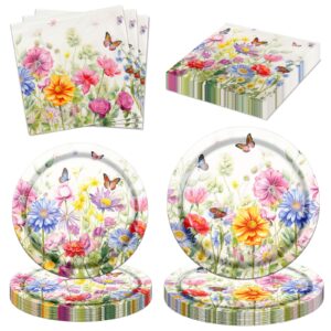 cmusko wildflower party decorations, 60pcs floral paper plates napkins table decorations, wildflower decor tableware set for spring summer birthday baby shower bridal shower garden tea party