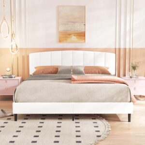 alazyhome upholstered king size white platform bed frame with velvet upholstered headboard wooden slats support no box spring needed easy assembly