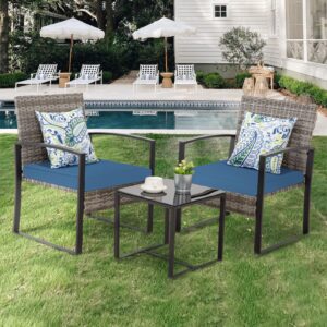 Seogwisam 3 Pieces Patio Furniture Set, Outdoor Wicker Conversation Bistro Set w/ 2 Chairs, 2 Cushions, Glass Coffee Table for Garden Balcony Backyard Porch Lawn - Grey Wicker & Blue Cushions