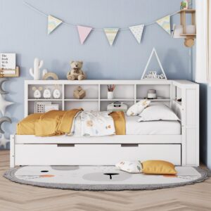 Harper & Bright Designs Full Daybed Frame with L-Shaped Bookcases, Wood Bed Frames with Trundle and USB Ports,Full Size Platform Bed with Storage Shelf and Charging Station for Kids Girls Boys, White