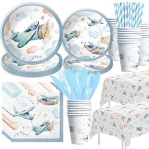 hipvvild airplane party decorations tableware - airplane birthday party supplies, paper plate, cup, napkin, tablecloth, cutlery, airplane theme birthday baby shower decorations dinnerware | serve 24