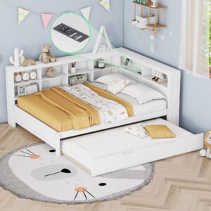 harper & bright designs full daybed frame with l-shaped bookcases, wood bed frames with trundle and usb ports,full size platform bed with storage shelf and charging station for kids girls boys, white