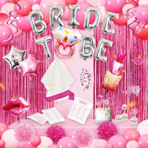 party spot! 119 pcs bachelorette party decorations, latex balloons, "bride to be" balloons, tablecloth, veil, cake topppers, pink bridal shower party decorations, balloon pump