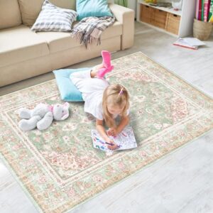 vhong washable area rugs boho vintage modern neutral small carpet green and pink high traffic rugs 3×5 for dinning room living room bedroom farmhouse non slip