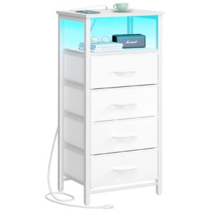 yoobure night stand - led white nightstand with charging station, bedside table with 4 storage drawers and storage shelf, end table with usb ports and outlets, tall dresser for bedroom