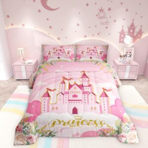 princess twin bedding sets for girls,pink castle dreamy comforter set kids bedroom decor,flowers garden princess bed set,fairy tale theme duvet insert cute blanket,gifts for girls