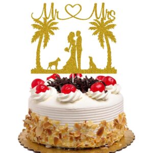 mr & mrs cake topper tropical wedding cake decorations palm tree hawaii beach wedding party supplies bride & groom with dogs gold glitter