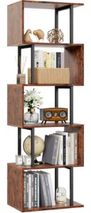 furologee 6-tier bookshelf, tall s-shaped geometric bookcase, industrial freestanding display shelf unit, wood and metal decorative room divider for living room bedroom, home office, rustic brown