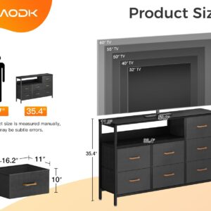 AODK Dresser with LED Lights and Charging Station, 52-Inch Long Dresser for Bedoom with 7 Large Storage Drawers, Fabric Dresser TV Stand with Open Shelves, Dark Grey