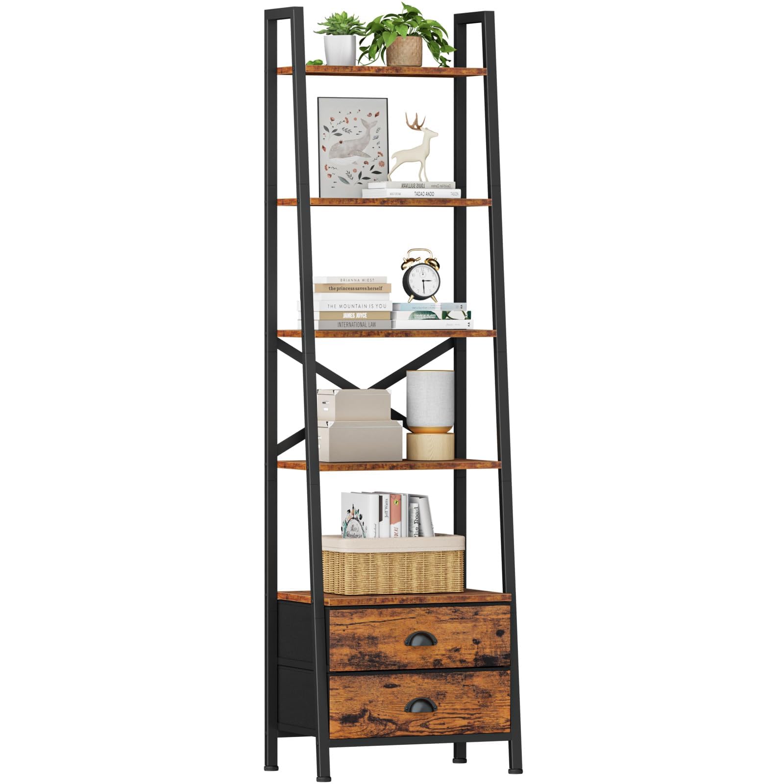 Furologee 5-Tier Ladder Shelf with 2 Drawers,Narrow Bookshelf Storage Shelves,Industrial Bookcase Freestanding Shelf Units for Bedroom,Living Room,Bathroom,Home Office,Balcony,Wood Metal,Rustic Brown