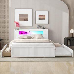 okak queen size bed frame with trundle - wood platform bed with led lights headboard 2 storage drawers and twin trundle bed,white