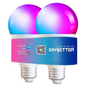 daybetter 2 pack smart light bulbs, smart bulbs that compatible with alexa & google assistant, rgbcw led color changing light bulbs, dimmable a19 e26 multicolor led light bulbs, no hub required