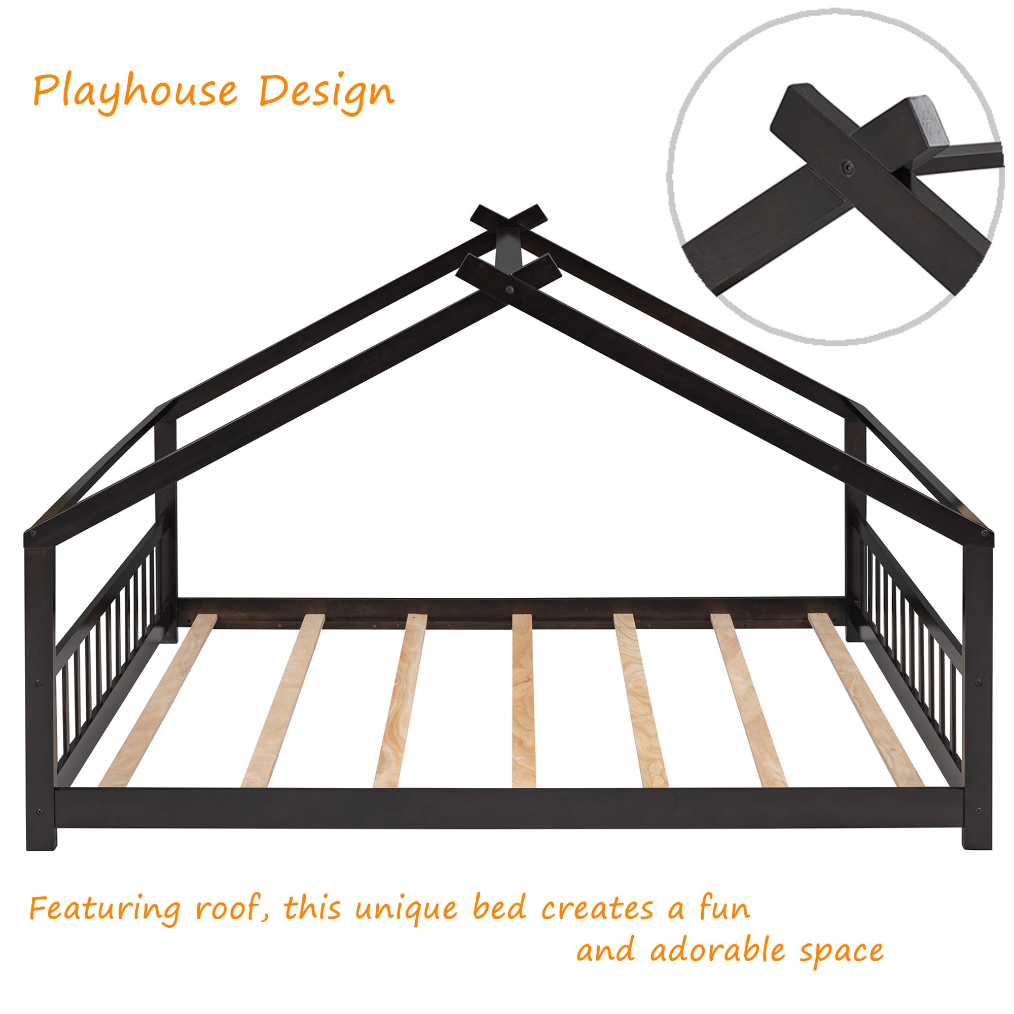 Bellemave Wood Montessori Full Size Bed Frame, Espresso - Playhouse Design, Sturdy, Safety, No Box Spring Needed, Easy Assemble