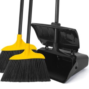 indoor/outdoor heavy duty broom and dustpan set,upright plastic commercial dust pan with 2 brooms perfect for sweeping courtyard garage lobby kitchen office mall market shop floor