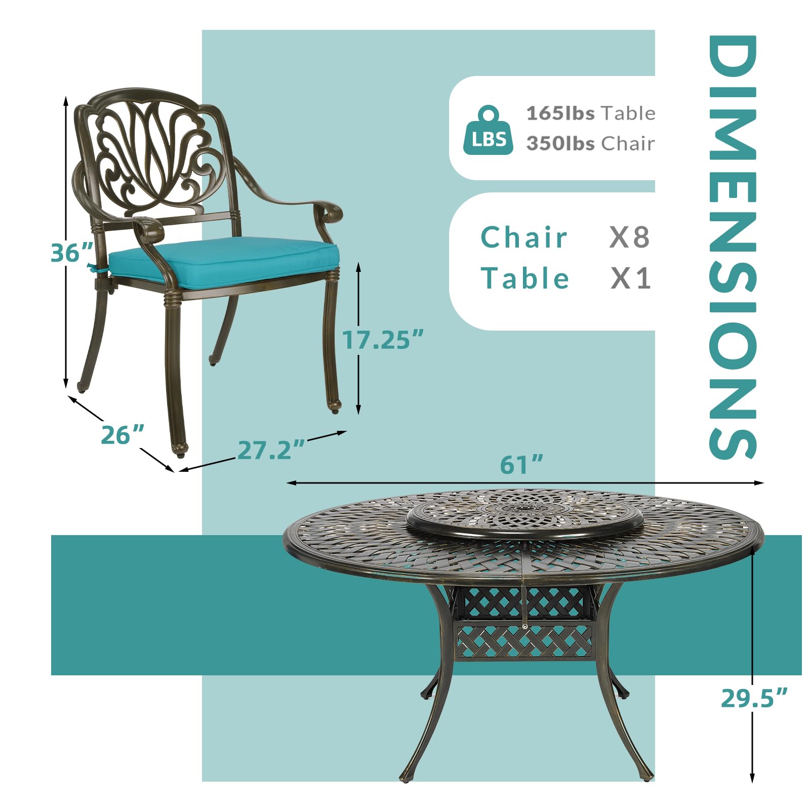 MEETWARM 9-Piece Outdoor Furniture Dining Set, All Weather Cast Aluminum Patio Garden Set- 8 Cushioned Chairs, 61" Round Patio Dining Table with Detachable Lazy Susan, 2" Umbrella Hole, Ocean Blue