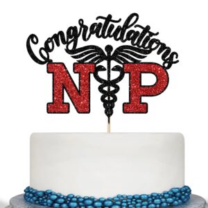 congrats np cake topper - nurse graduation decorations, nursing school survivor, medical school graduation party decorations, black and red glitter