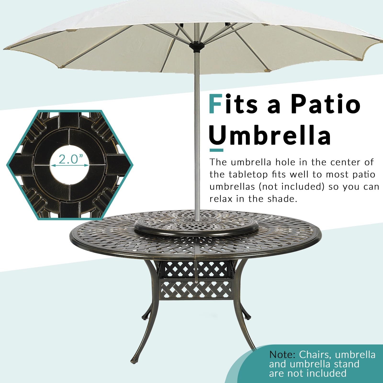 MEETWARM 9-Piece Outdoor Furniture Dining Set, All Weather Cast Aluminum Patio Garden Set- 8 Cushioned Chairs, 61" Round Patio Dining Table with Detachable Lazy Susan, 2" Umbrella Hole, Ocean Blue