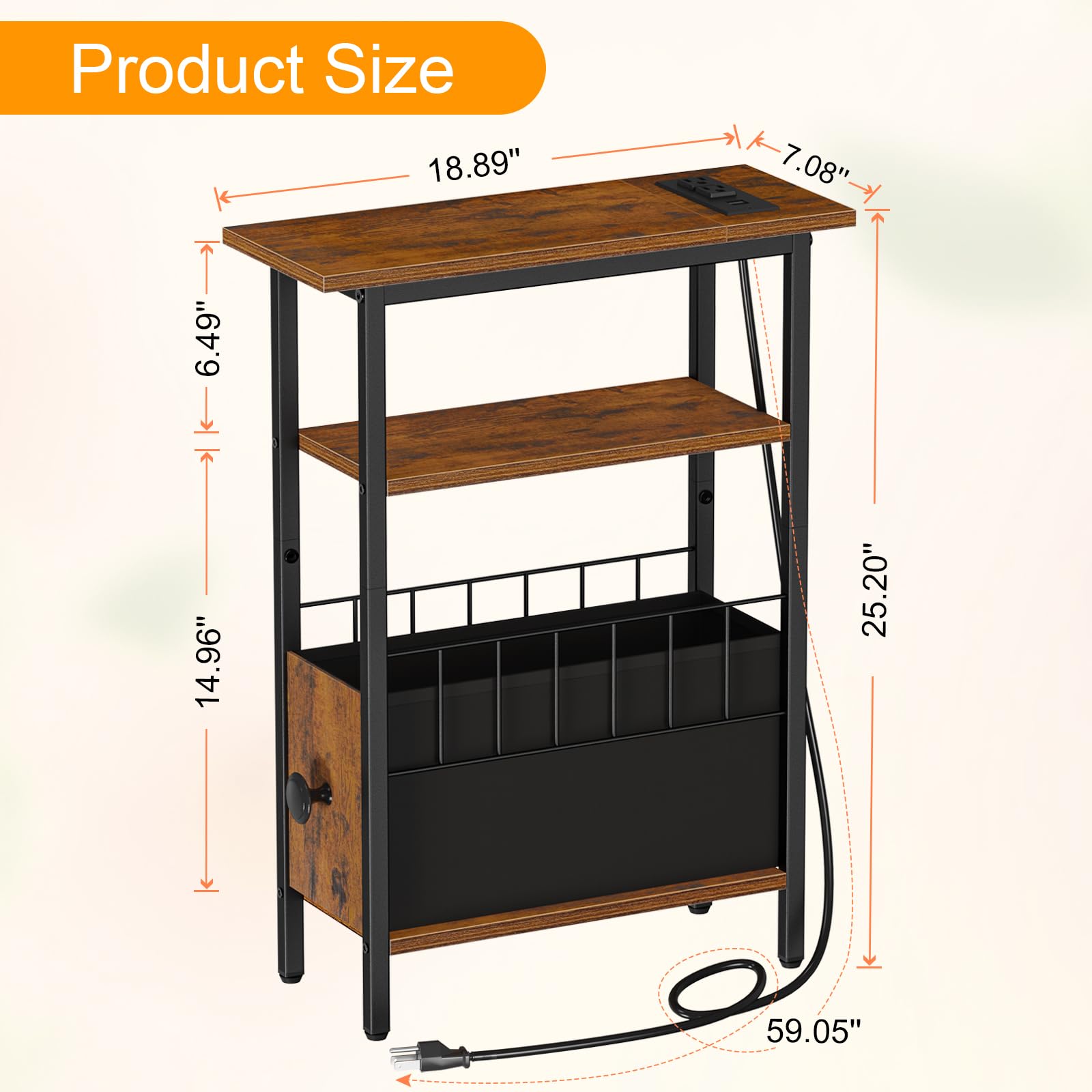 Snughome Narrow Side Table with Charging Station, Slim End Table for Small Spaces, 3 Tier Skinny Nightstand with Drawer, Sofa Beside Table with Storage Shelf for Living Room Bedroom