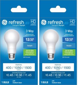 ge (2 bulbs) refresh led a19 3-way light bulb, energetic daylight 5000k, 30-70-100w equivalent using only 4-8-12w, 400/1050/1500 lumens, hd light- enhanced color contrast and boldness led 3 way bulb