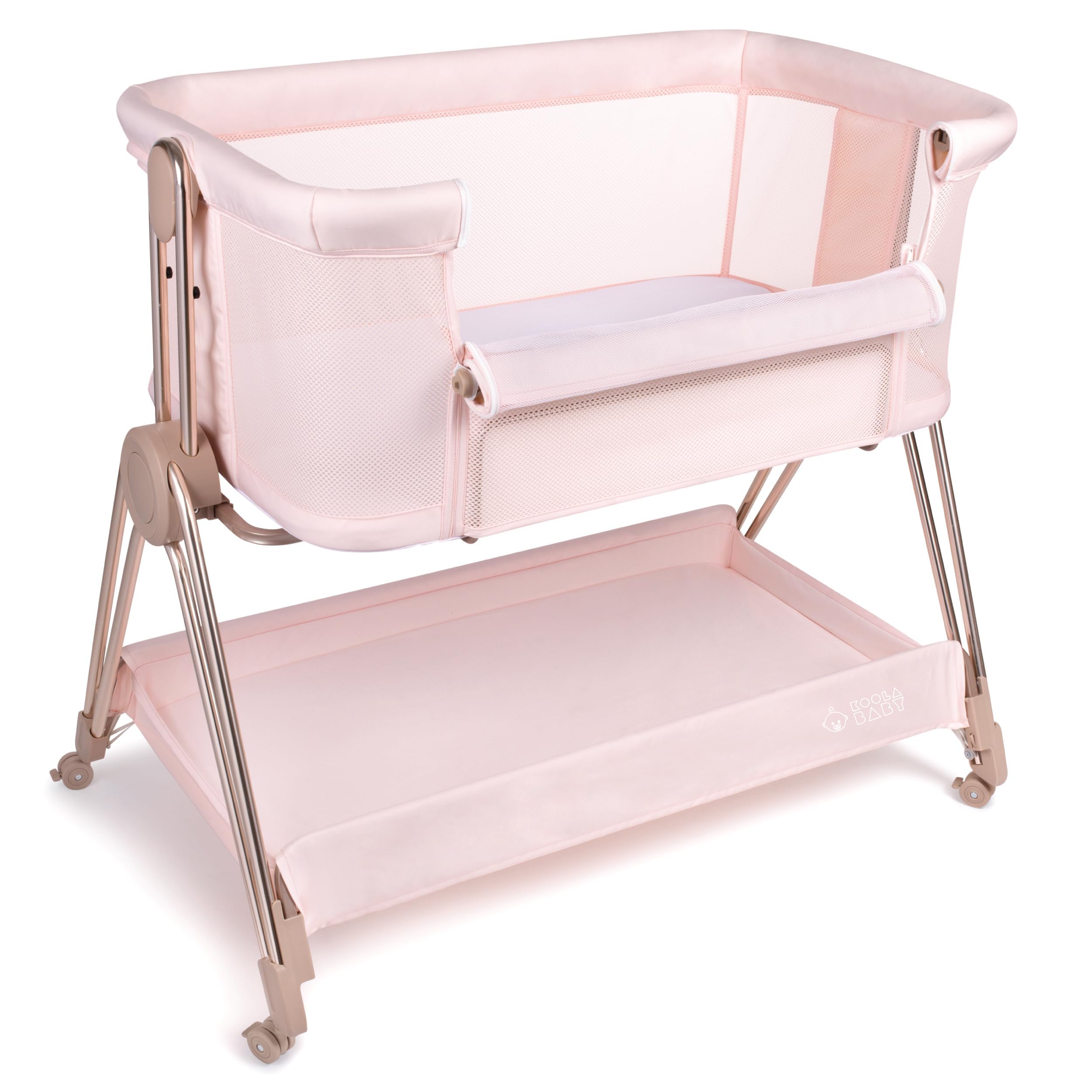 KOOLABABY Baby Bedside Sleeper - Bassinet & Bedside Crib with Height Adjustment & Wheels - Can Be Placed Next to Bed - Attaches to Parents Bed - Easy to Fold & Carry Baby Bed for Girls (Pink)