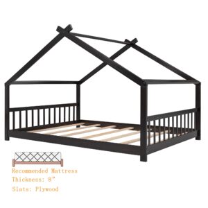 Bellemave Wood Montessori Full Size Bed Frame, Espresso - Playhouse Design, Sturdy, Safety, No Box Spring Needed, Easy Assemble