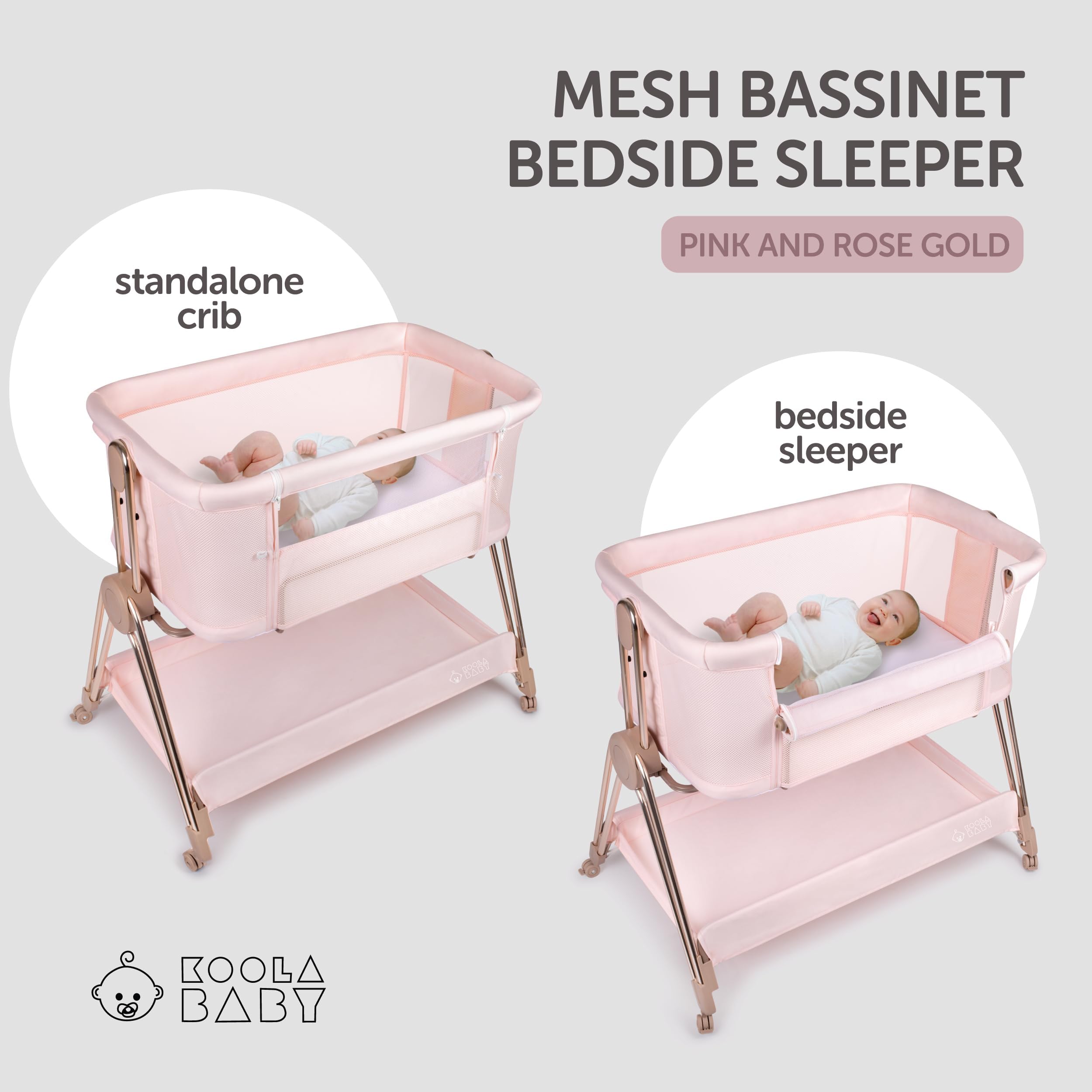 KOOLABABY Baby Bedside Sleeper - Bassinet & Bedside Crib with Height Adjustment & Wheels - Can Be Placed Next to Bed - Attaches to Parents Bed - Easy to Fold & Carry Baby Bed for Girls (Pink)