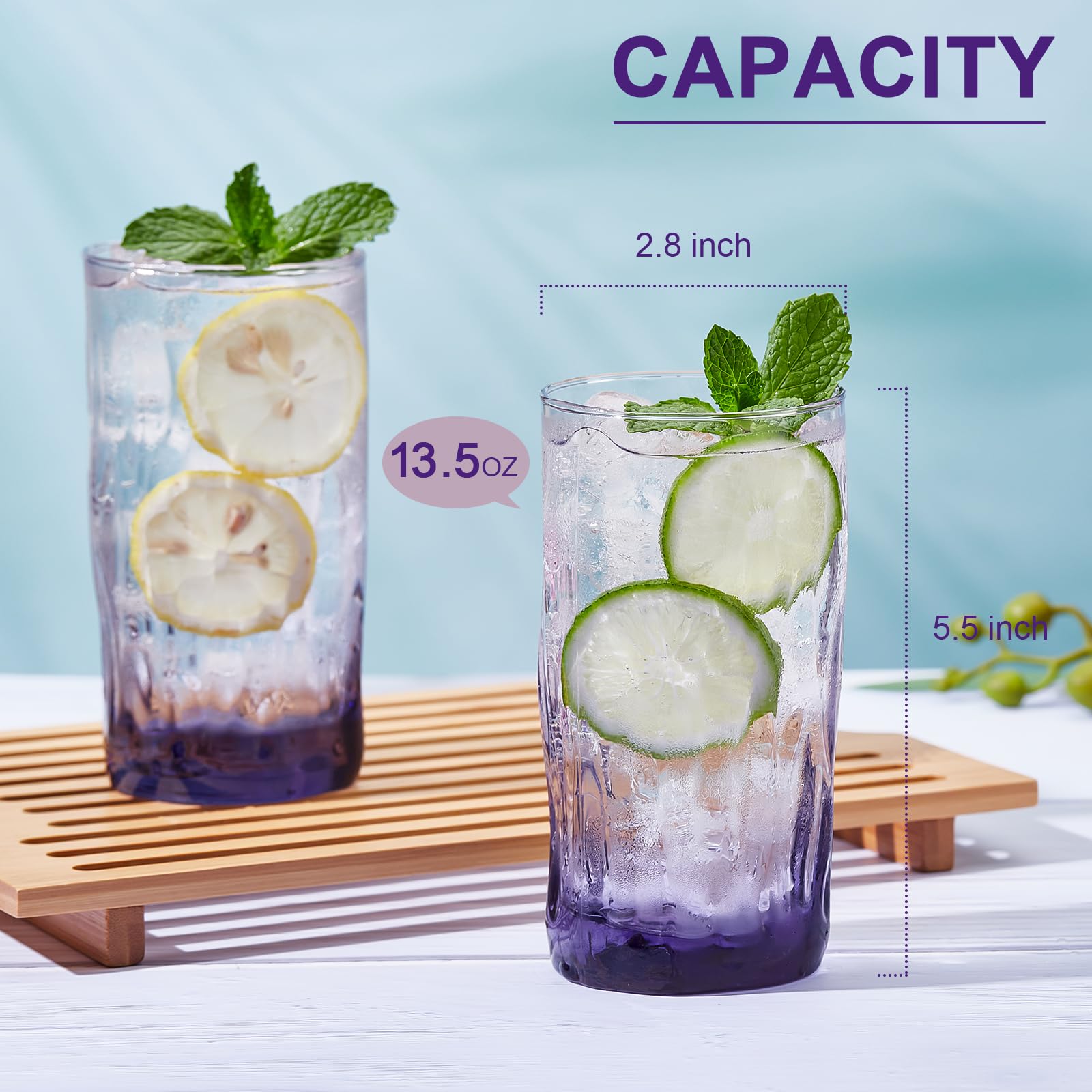 CREATIVELAND Solid Color Drinking Glasses Set of 6, 13.5 OZ Wind-blown Ripples Glass Tumbler Glassware for Water, Juice, Different Options for Home, Restaurant, Hotel, Bar,Purple