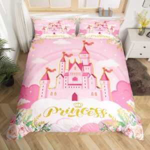 manfei princess twin bedding sets for girls,pink castle dreamy comforter cover kids bedroom decor,flowers bed set,fairy tale theme duvet cover cute blanket,gifts for girl,no comforter