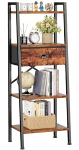 furologee 4 tier ladder shelf, narrow ladder book shelf with drawer, modern bookcase freestanding shelf units, storage shelves organizer for bedroom, living room, bathroom, home office, rustic brown