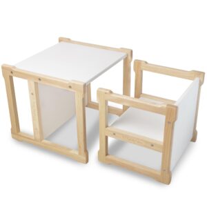 kiddy glee montessori weaning table and chair set for toddlers - premium wood design for childs age 1-5, kids activity table for learning/dining/playing, cube chair, lalo, 5 in 1 montessori furniture