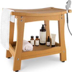 y&m 2-tier bathroom shower bench with waterproof storage shelf, hdpe towel & shower head shelves curved seat, small tub chair for shaving legs foot stool, bath, spa, indoor or outdoor use, teak