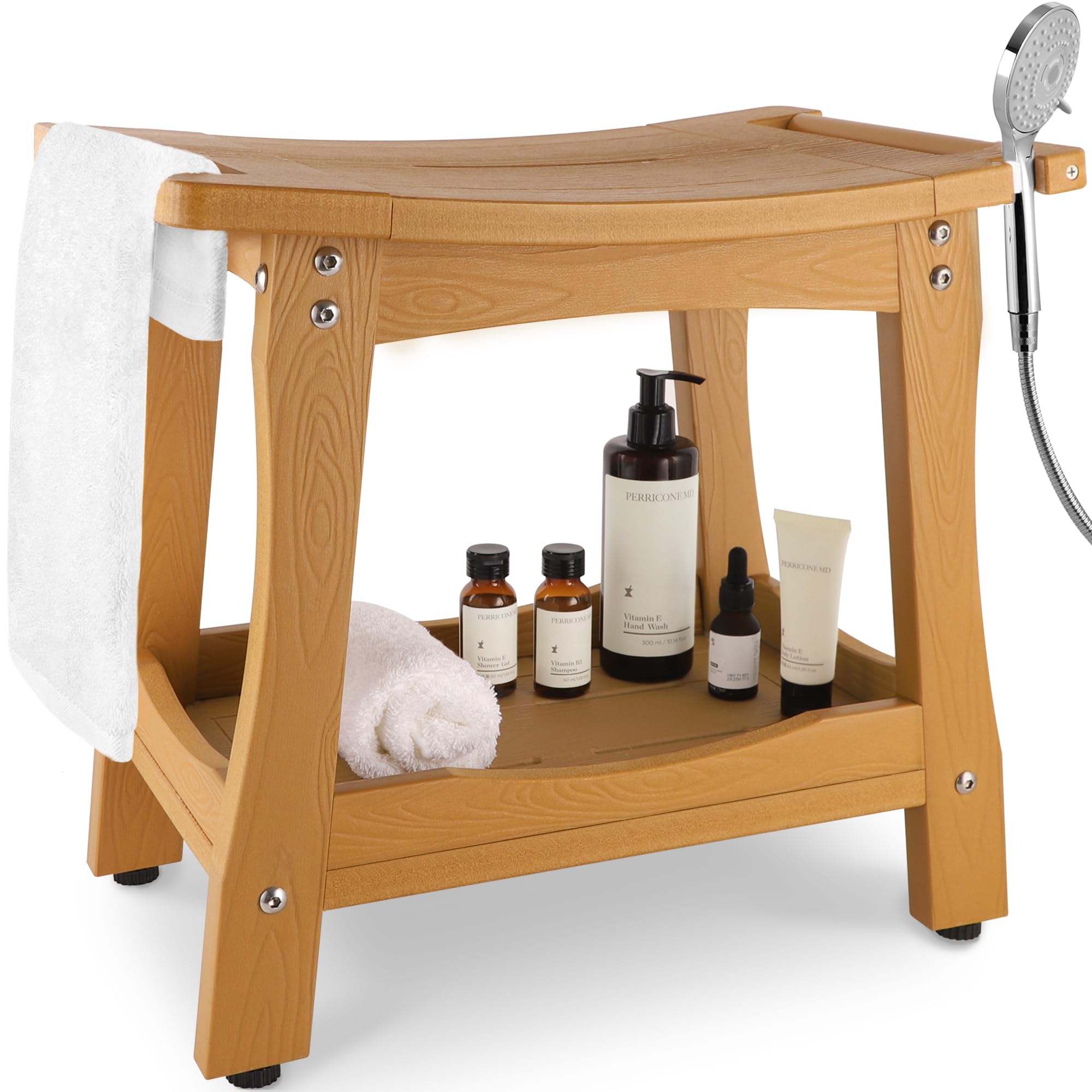 Y&M 2-Tier Bathroom Shower Bench with Waterproof Storage Shelf, HDPE Towel & Shower Head Shelves Curved Seat, Small Tub Chair for Shaving Legs Foot Stool, Bath, Spa, Indoor or Outdoor Use, Teak