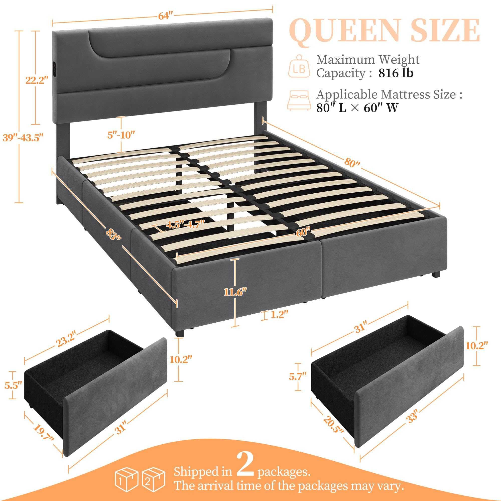 Yaheetech Queen Bed Frame Upholstered Platform Bed with USB Charging Station/4 Storage Drawers/Streamlined Headboard/Mattress Foundation/No Box Spring Needed/Strong Wooden Slats, Dark Gray Queen Bed