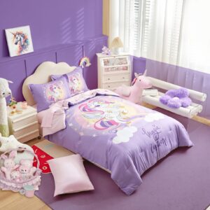 girls bed in a bag full size purple unicorn comforter set with rainbow star - soft microfiber 7 pcs bedding set (1 comforter 2 pillow shams 1 flat sheet 1 fitted sheet 2 pillowcases)