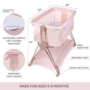 KOOLABABY Baby Bedside Sleeper - Bassinet & Bedside Crib with Height Adjustment & Wheels - Can Be Placed Next to Bed - Attaches to Parents Bed - Easy to Fold & Carry Baby Bed for Girls (Pink)