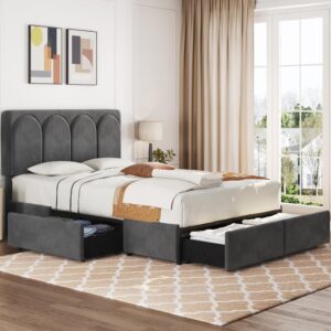 yaheetech queen bed frame upholstered platform bed with 4 drawers storage and adjustable headboard,arch channel tufted headboard,sturdy wood slat support,no box spring needed,dark gray queen bed