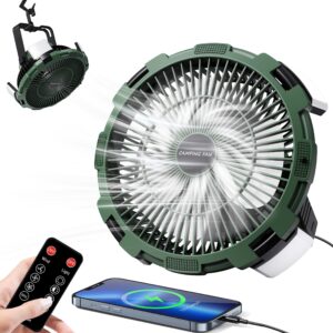 camping fan with led lantern, 8000mah rechargeable battery powered tent fan for camping hanging, camping outdoor fan with remote, 4 speed camping fan for tents,travel,home,fishing,sleep,emergency