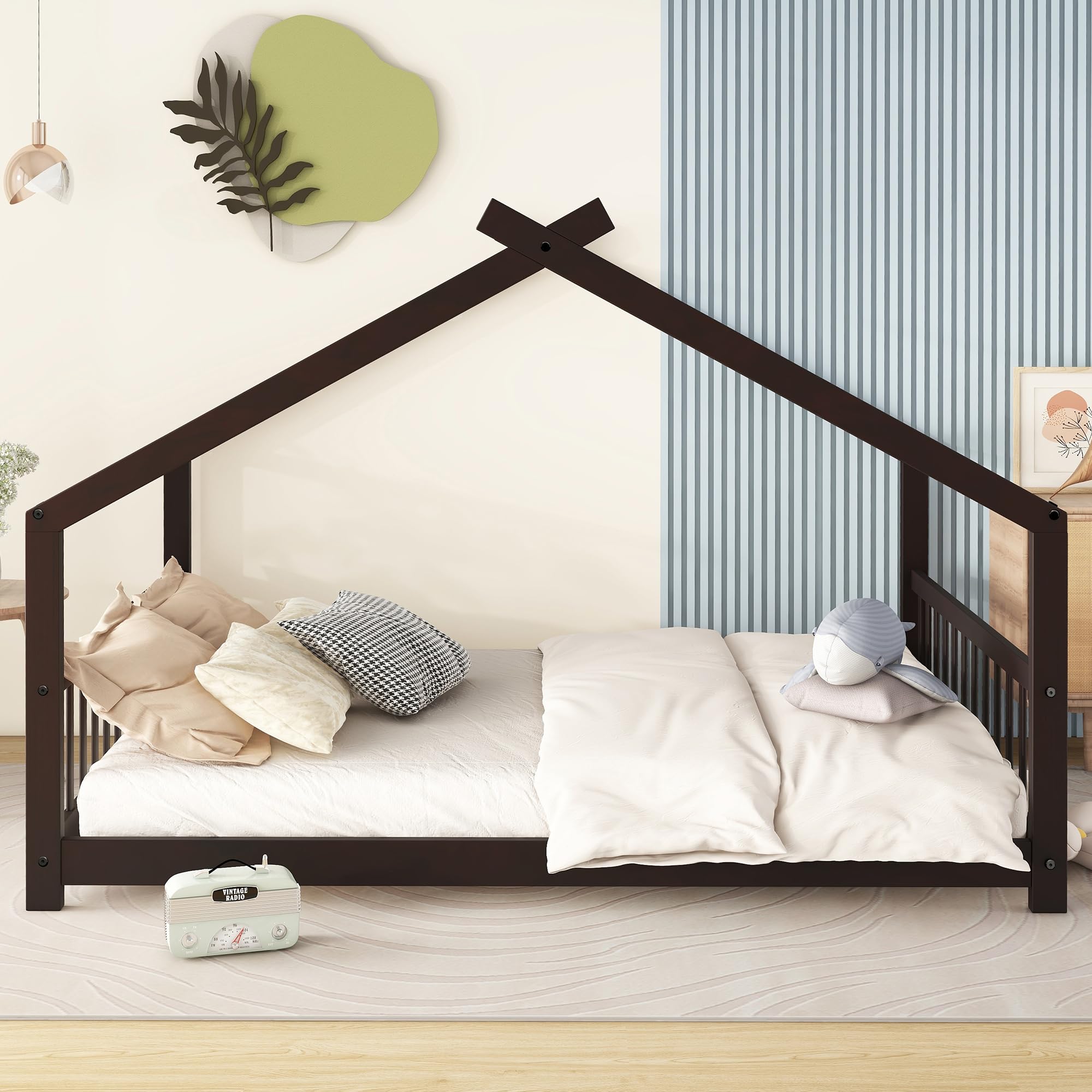 Bellemave Wood Montessori Full Size Bed Frame, Espresso - Playhouse Design, Sturdy, Safety, No Box Spring Needed, Easy Assemble